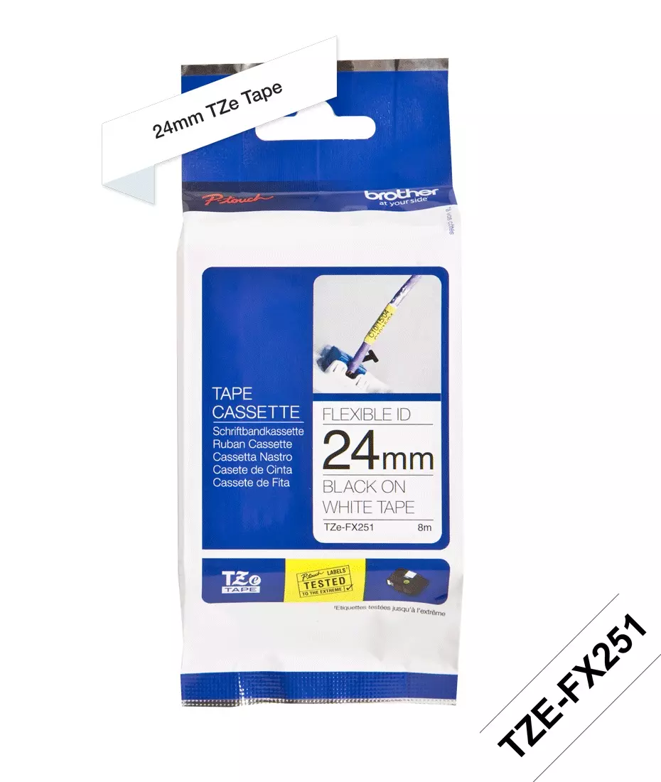 Cinta Brother TZeFX251 laminada flexible, Texto negro sobre fondo ...